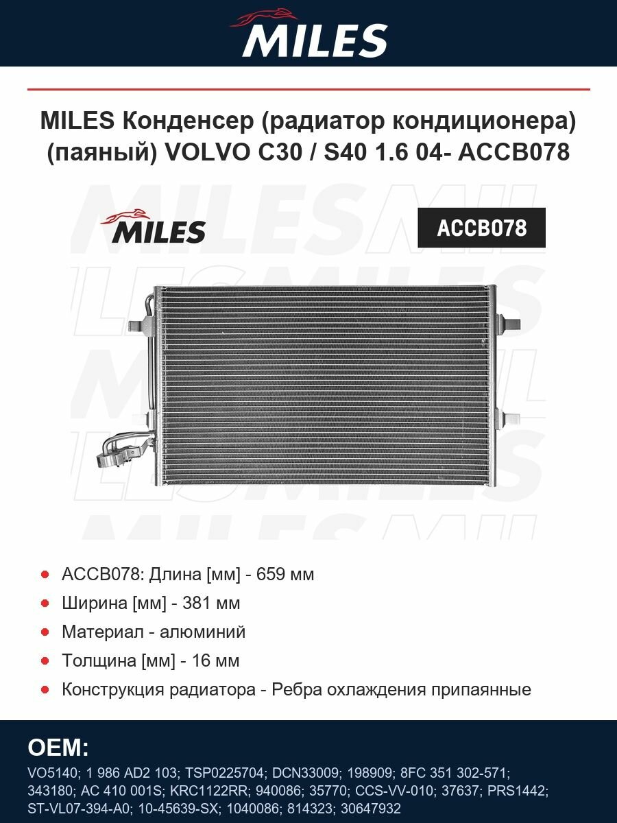 MILES Конденсер (радиатор кондиционера) (паяный) VOLVO C30 / S40 1.6 04- ACCB078