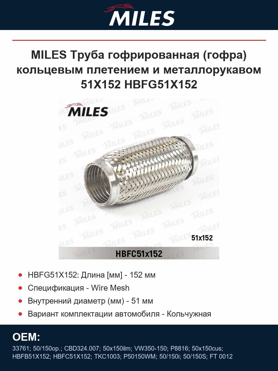 MILES Труба гофрированная (гофра) кольцевым плетением и металлорукавом 51X152 HBFG51X152