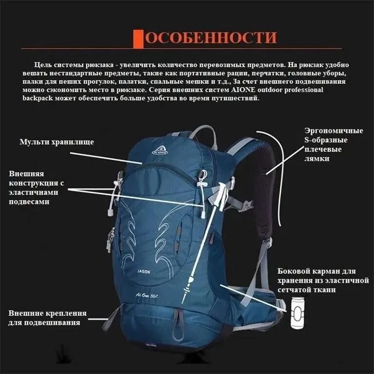 Рюкзак Ai One туристический для активного отдыха 53x26x14 см, 30л, 900г — фото 1