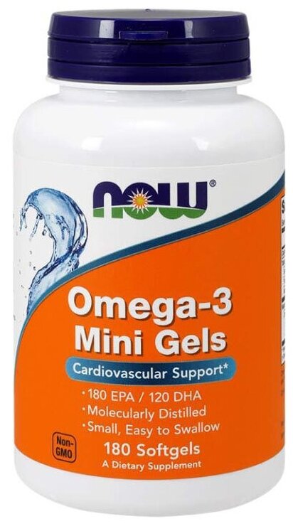 Omega 3 Mini Gels 180 caps Now, 90 порции(й), для поддержки сердца, сосудов, суставов и упругости кожи