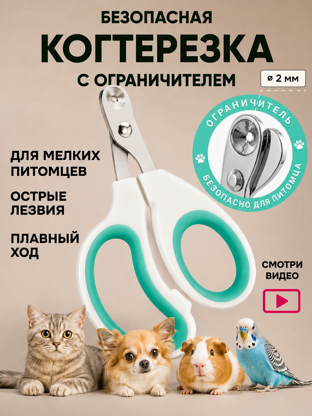 Когтерезка для кошек с ограничителем, ножницы для когтей кошек, бирюзовый цвет