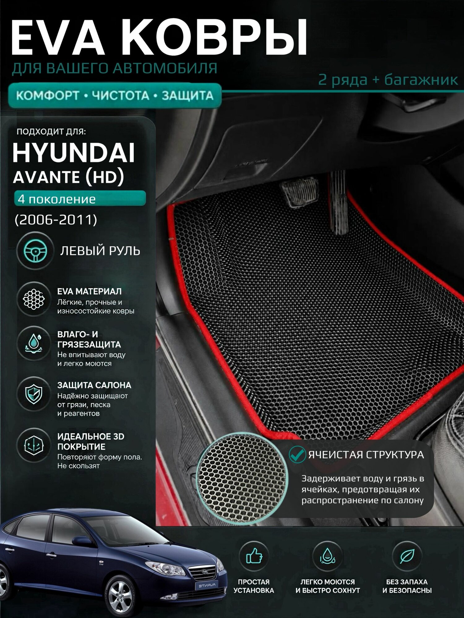 Eva ковры с бортами Hyundai Avante IV (HD) (2006-2011) Левый руль / Хендай Аванте 4 поколения 3D Эва Ева