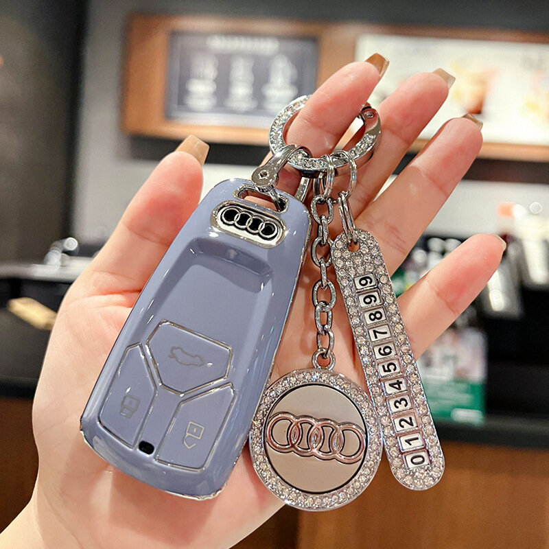 Чехол для ключа Audi для моделей A4L/A6L/A3/A5L/AQ2L - серый чехол с логотипом Audi, сверкающим кольцом и номерной