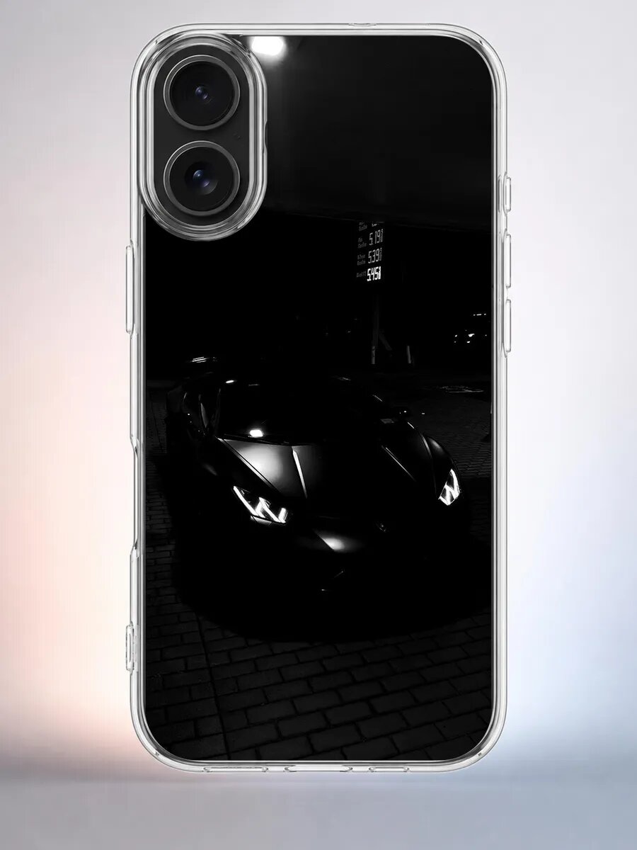 Чехол iPhone 16 Ламборгини ночью силиконовый прозрачный
