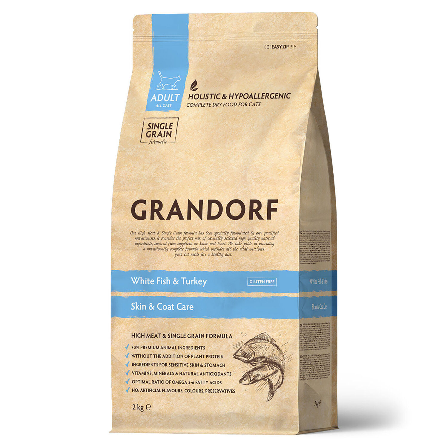 Grandorf CAT White Fish&Turkey SKIN&CARE сухой корм для кошек белая рыба с индейкой 2 кг