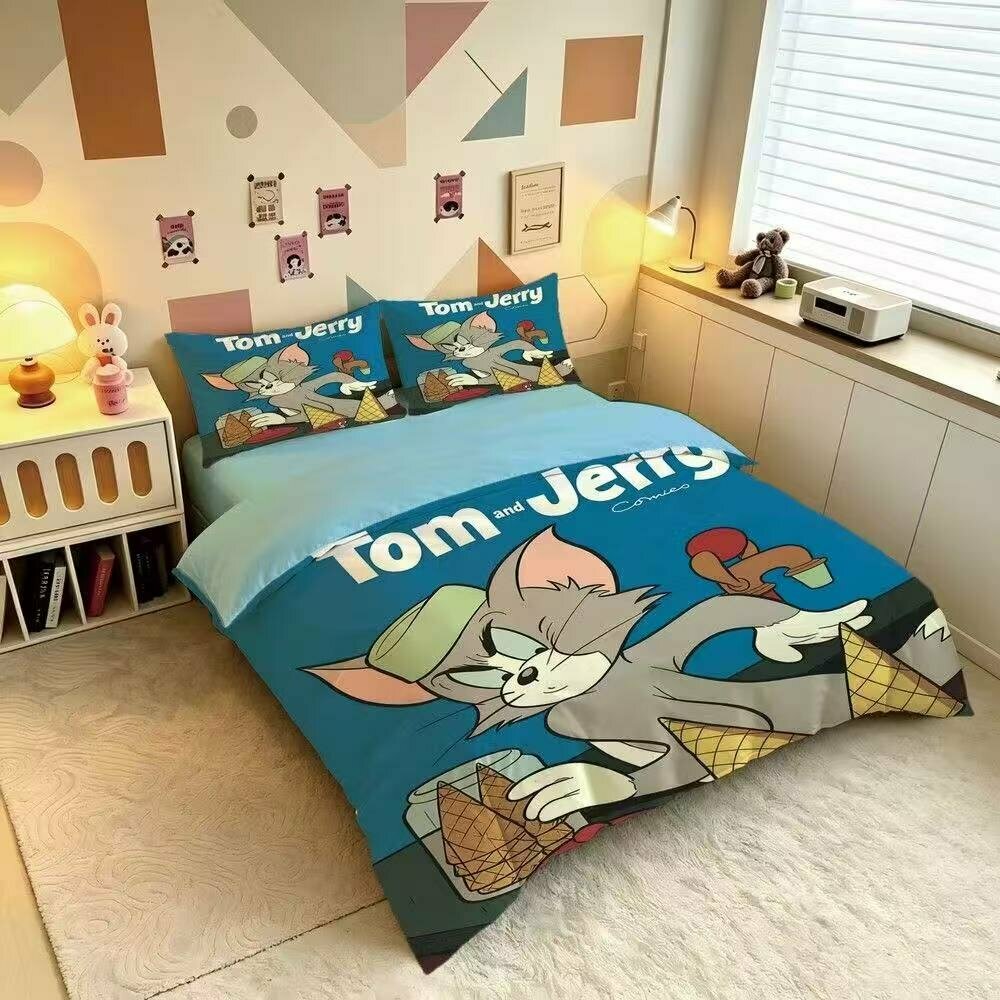 Комплект постельного белья MINISO "Том и Джерри", 200x230 см，4 предмета，темно-синий，кровать ，1,8 метра