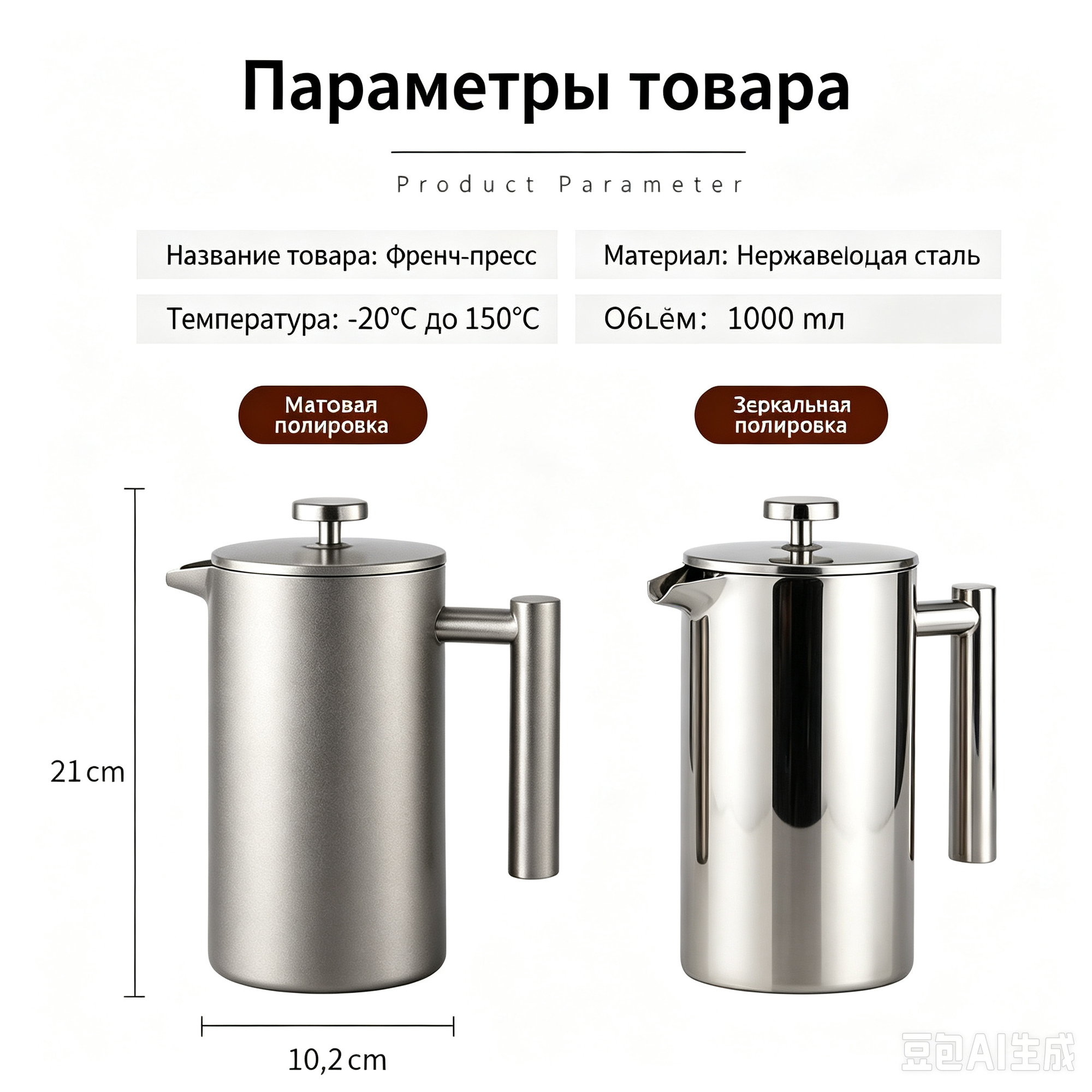 Френч-пресс, Френч‑пресс из нержавеющей стали, для заваривания кофе, матовая версия, 1000 мл — фото 1