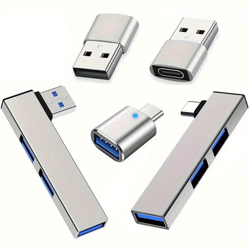 Набор из 5 переходников USB-C на USB-A, USB 3.0, удлинитель для ноутбуков и ПК, серебристый