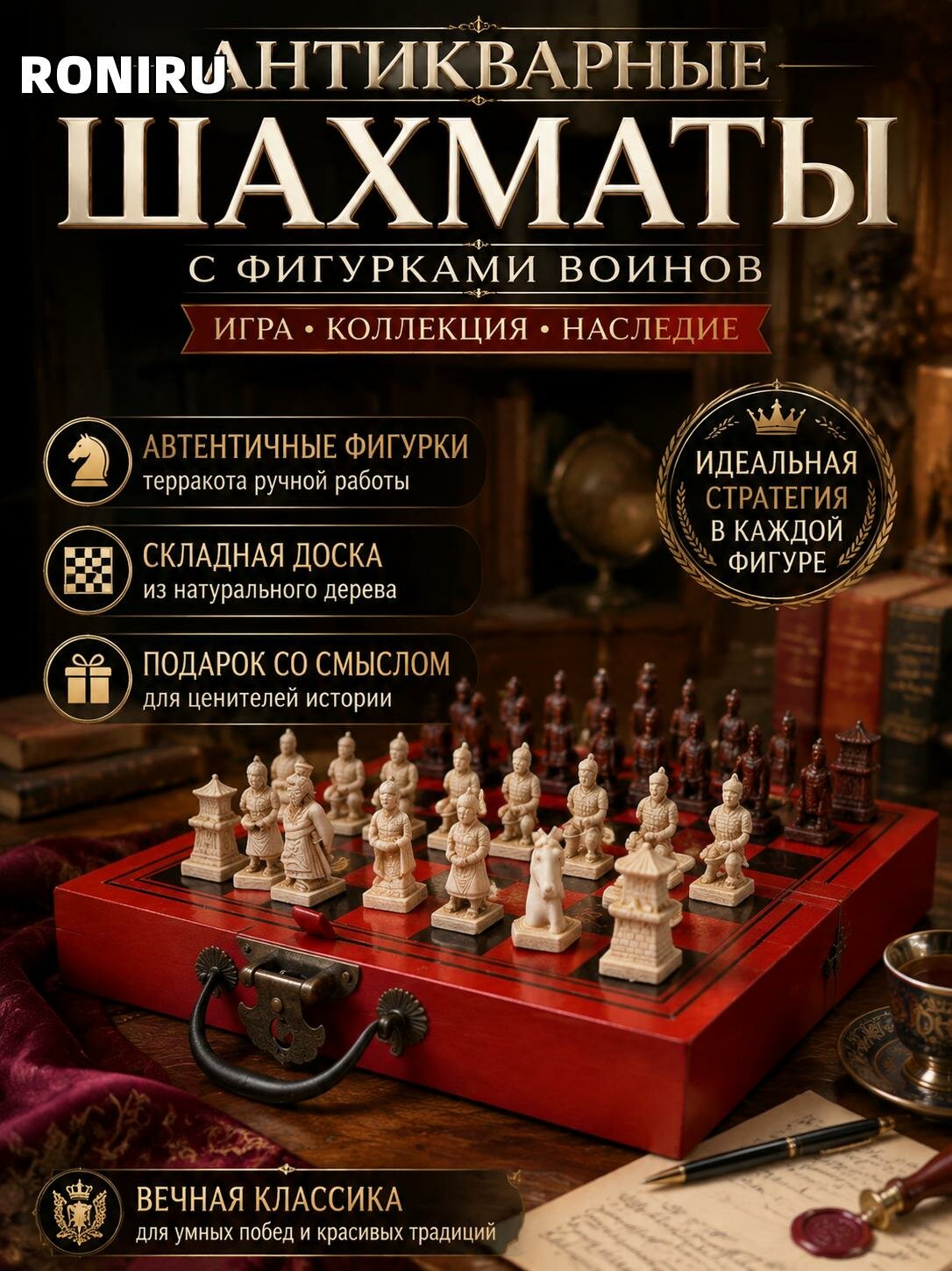 Toytime Антикварные терракотовые шахматы с фигурками воинов, складная деревянная шахматная доска для игры и коллекции
