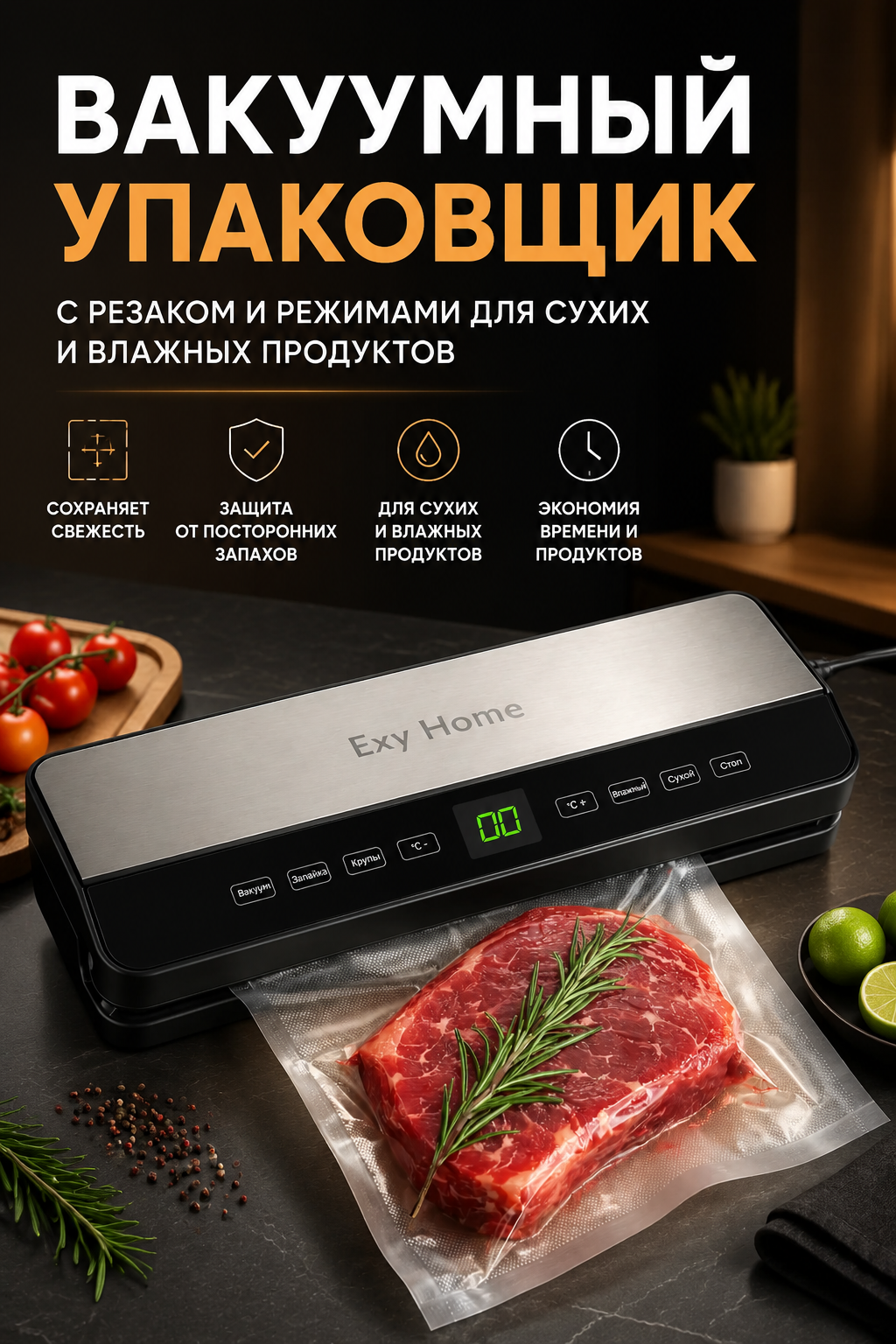 Вакуумный упаковщик с резаком и режимами для сухих и влажных продуктов