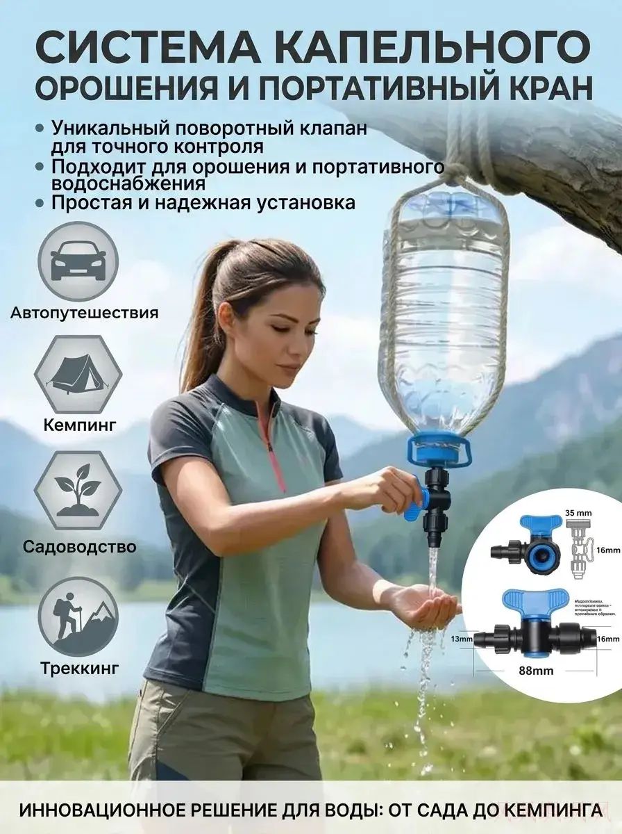 Компактный универсальный рукомойник: кран-насадка на бутылку с водой 0.5-5л, туристический рукомойник-кран для дачи