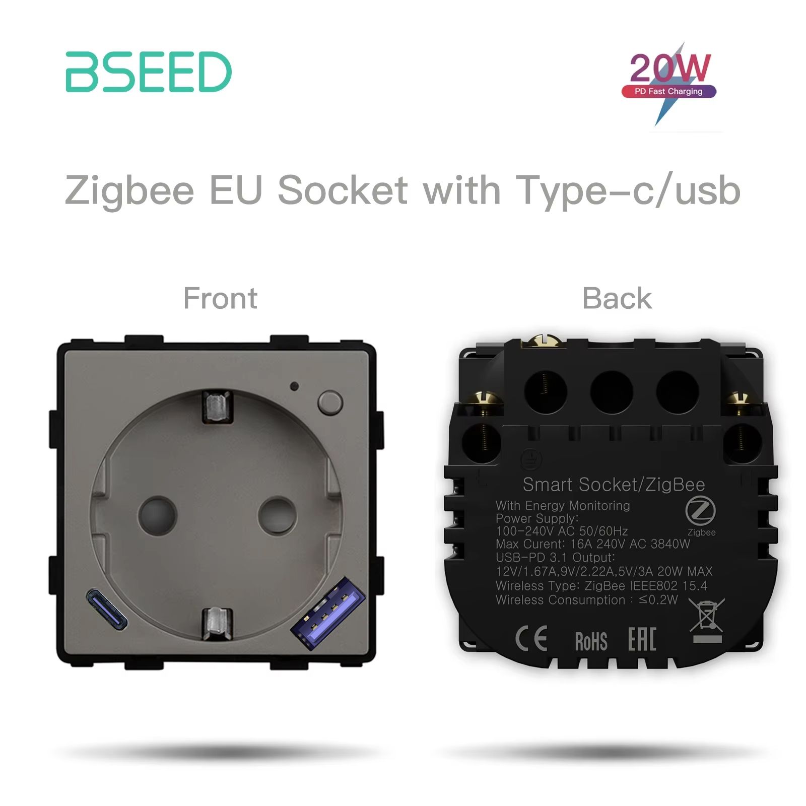 Модуль умной розетки с TYPE-C и USB 20W Zigbee мониторинг потребления , Серия E