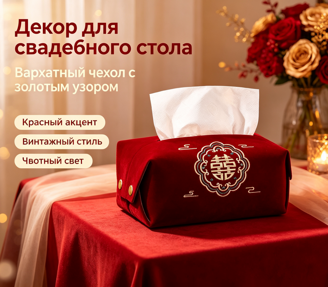 Чехол для коробки с салфетками в стиле ретро, украшенный красным узором «Двойное счастье»