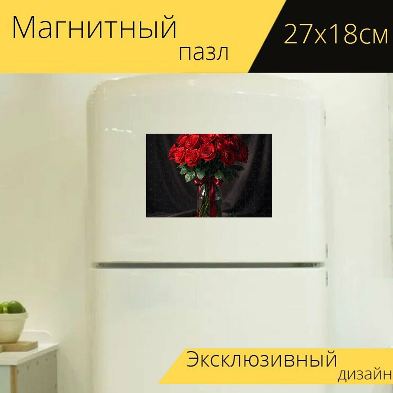 Магнитный пазл "Букет алых роз в вазе. Элегантная композиция из красных бутонов с сочной зеленью в стеклянной емкости, украшенная бордовой лентой. Темный." на холодильник 27 x 18 см.