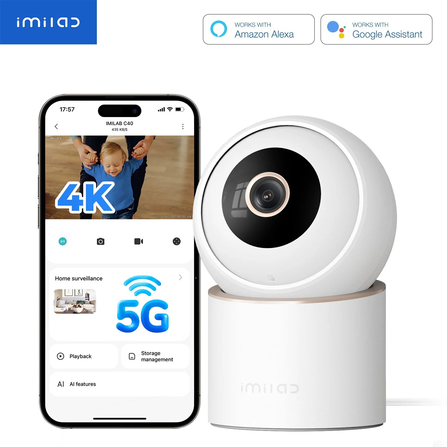 Камера умная IMILAB C40 8MP с поддержкой 5G WiFi, ИИ-обнаружением и отслеживанием детей/животных, цветным ночным видением, двухсторонней связью, совместима с приложением MiHome-