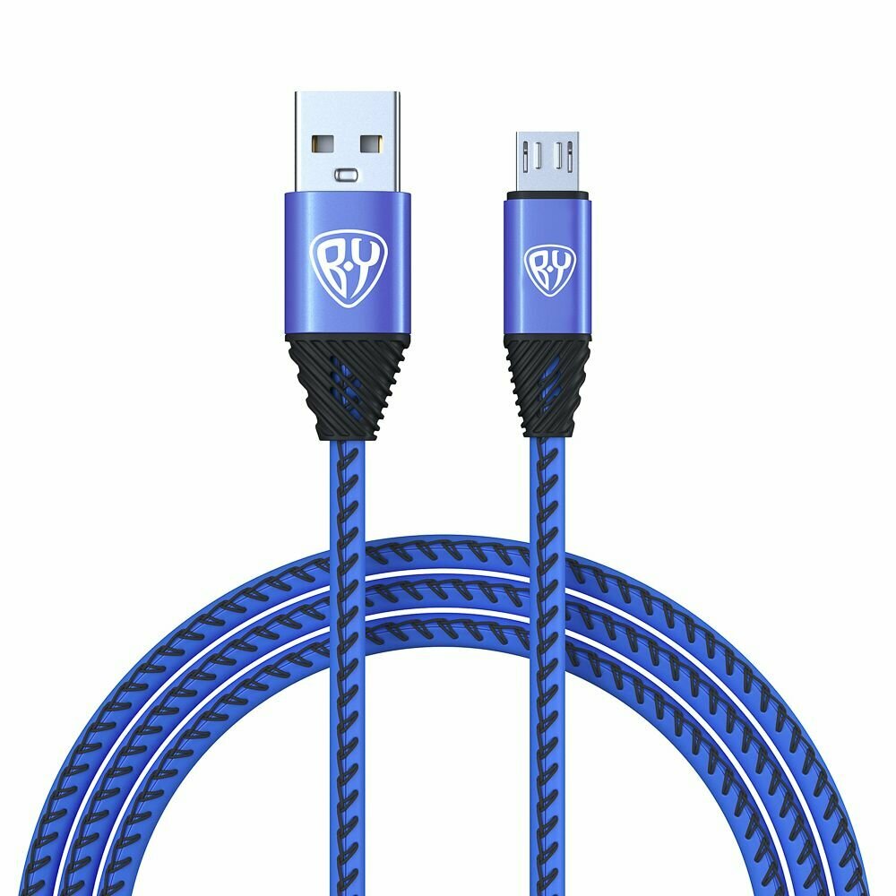 Кабель Micro USB 1 метр 2А, Премиум, для зарядки, передачи данных, кожаная оплётка, синий