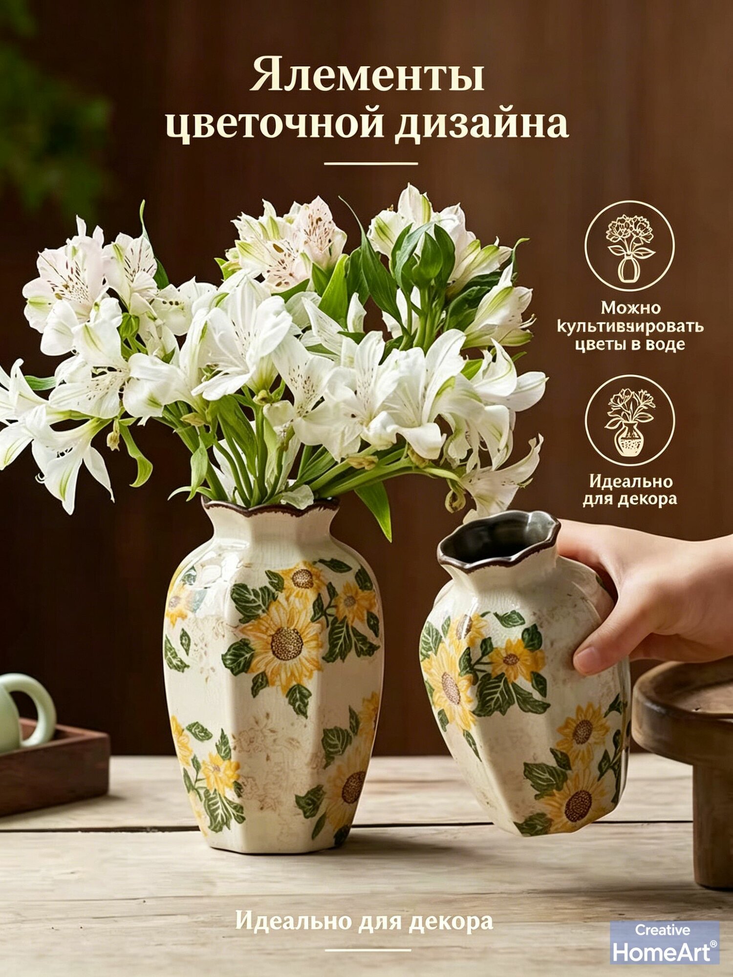 Универсальная ваза из качественной керамики для цветов, сухоцветов и веток — подходит для гостиной, спальни, кухни и ванной — фото 1