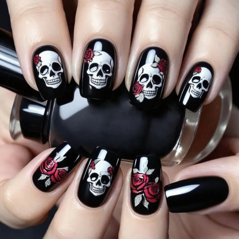 Накладные ногти Halloween черные с розами и черепами