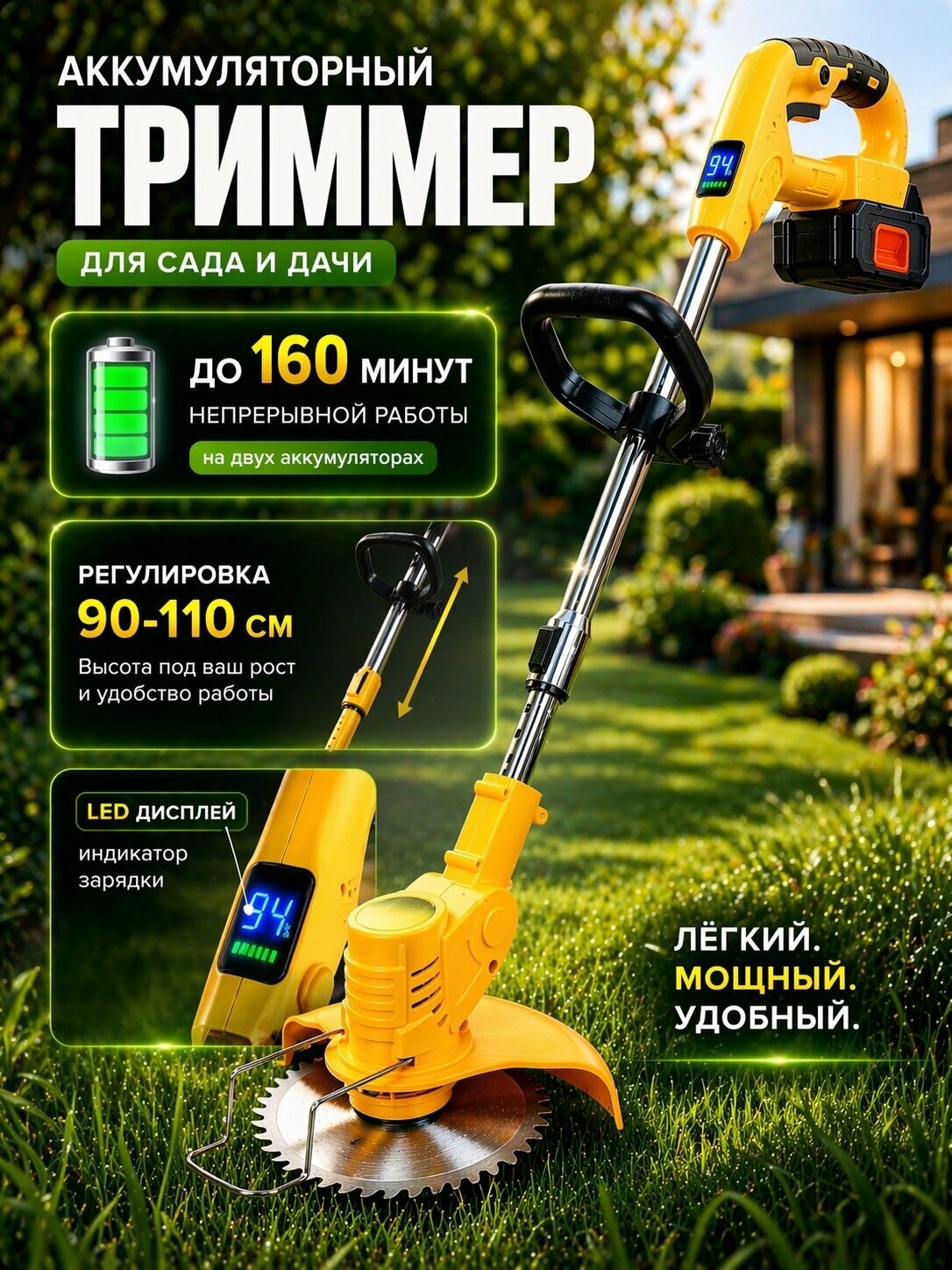 Триммер аккумуляторный садовый 26000об/мин, садовый триммер с 2 -мя аккумуляторами и индикатором уровня заряда