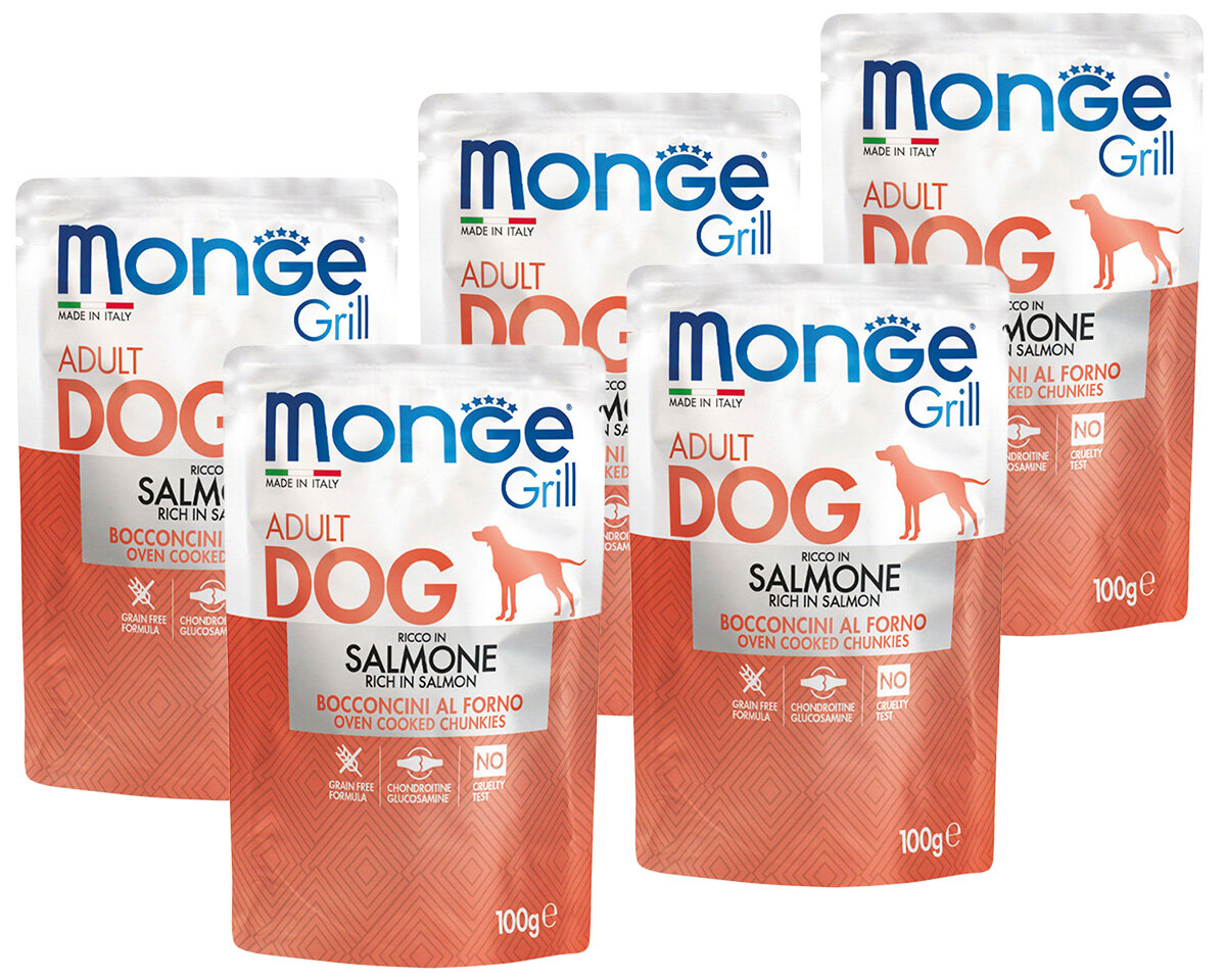 Корм влажный Monge Grill Pouch Dog для взрослых собак с лососем пауч, 100 г 5 шт