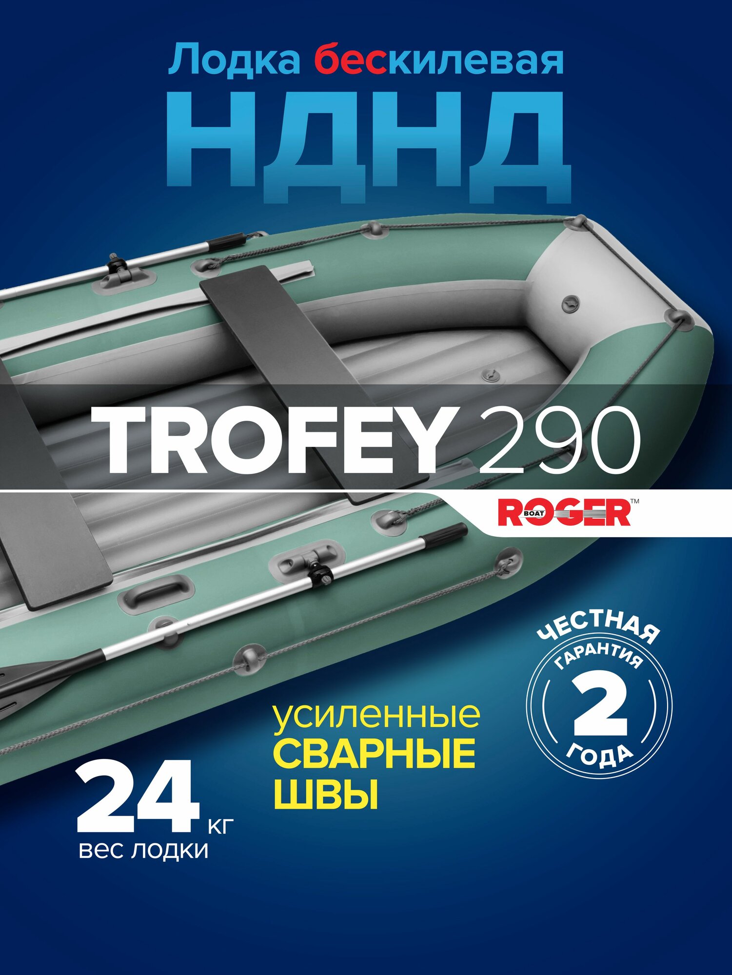 Лодка ПВХ под мотор НДНД ROGER Trofey 290, лодка надувная для рыбалки роджер (зеленый серый)