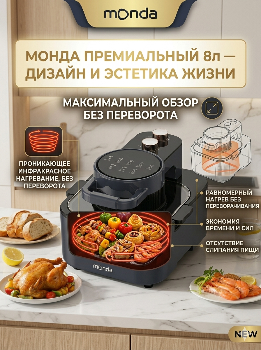 Аэрогриль Monda 8л 2026 визуальный с окном 270 инфракрасный 1350Вт без переворота Китайская версия