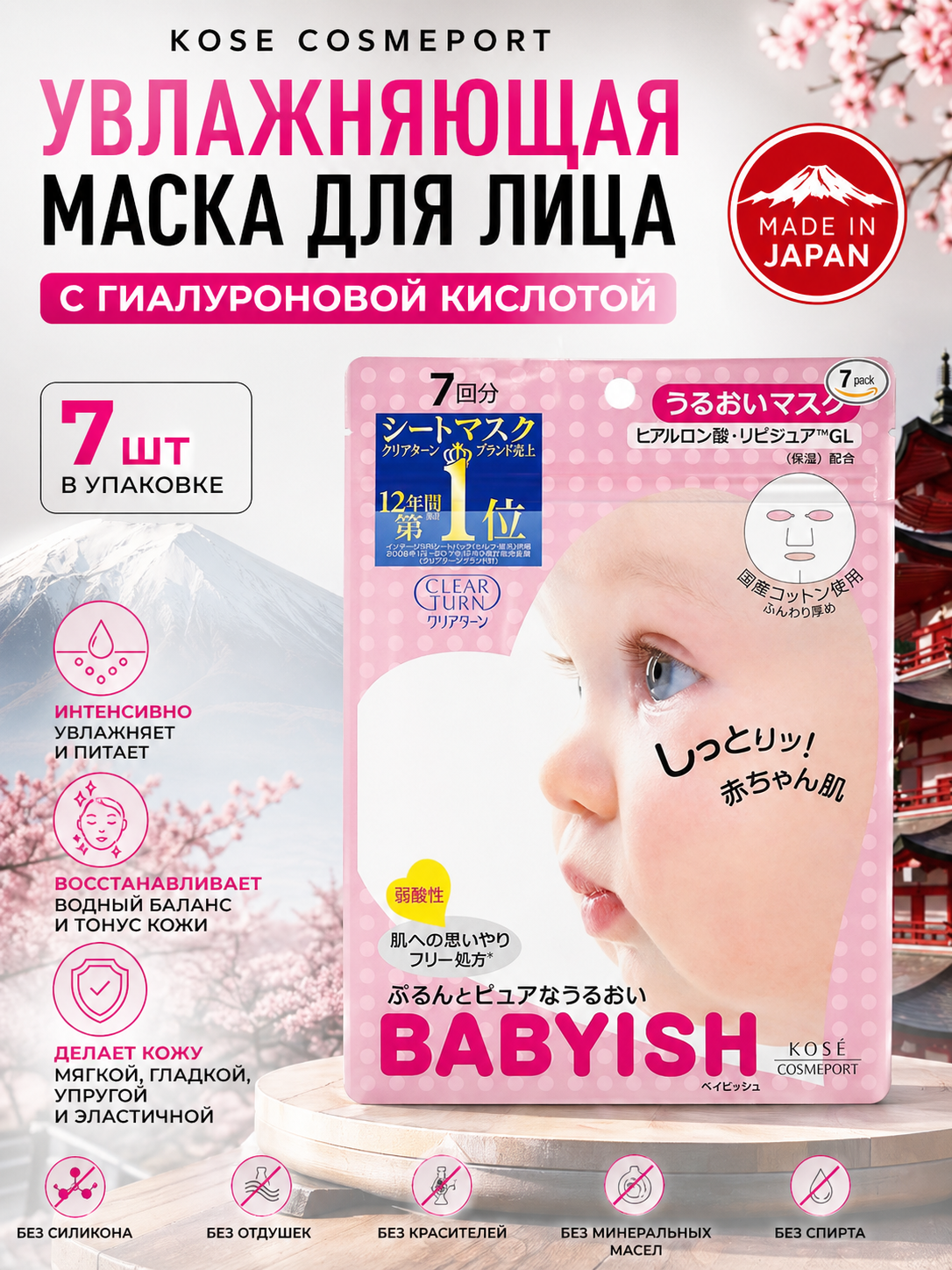 Маска для лица тканевая Clear Turn Babyish увлажняющая с гиалуроновой кислотой Япония 7шт
