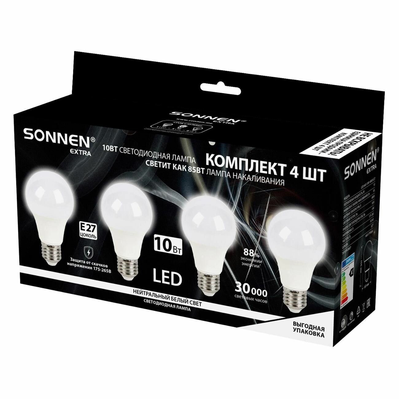 Лампа Sonnen EXTRA 10 (85) Вт комплект 4шт. Е27 нейтр. бел LED A60-10W-4000-Е27, 457893