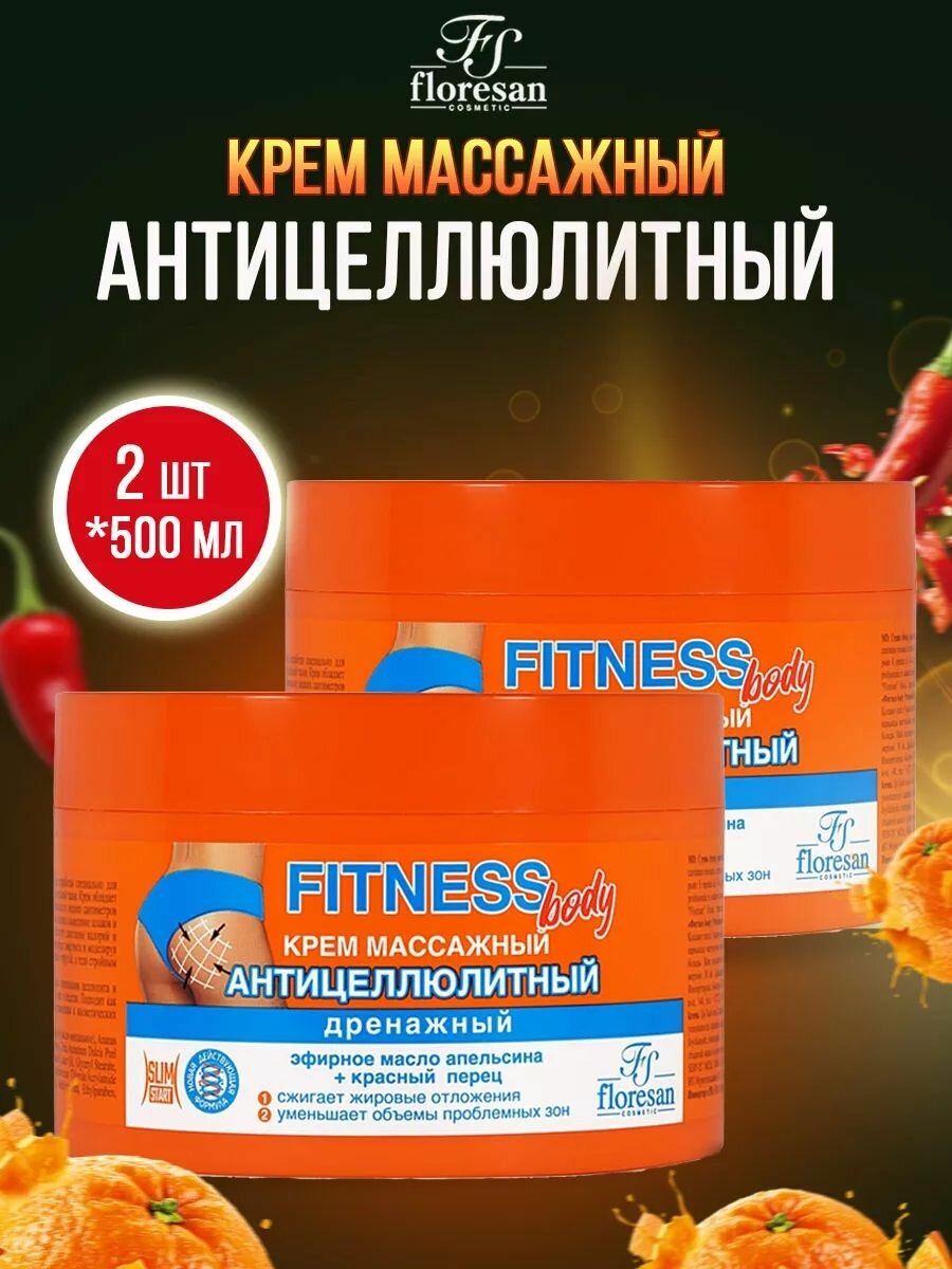 Крем массажный антицеллюлитный дренажный Fitness Body с эфирным маслом апельсина и красным перцем 500 мл, 2 шт