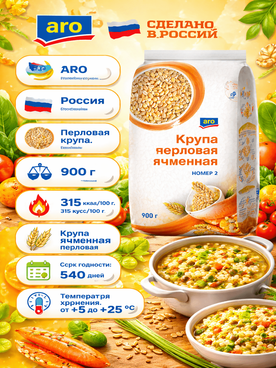 Aro Крупа перловая ячменная номер 2, 900г x 2 упаковки