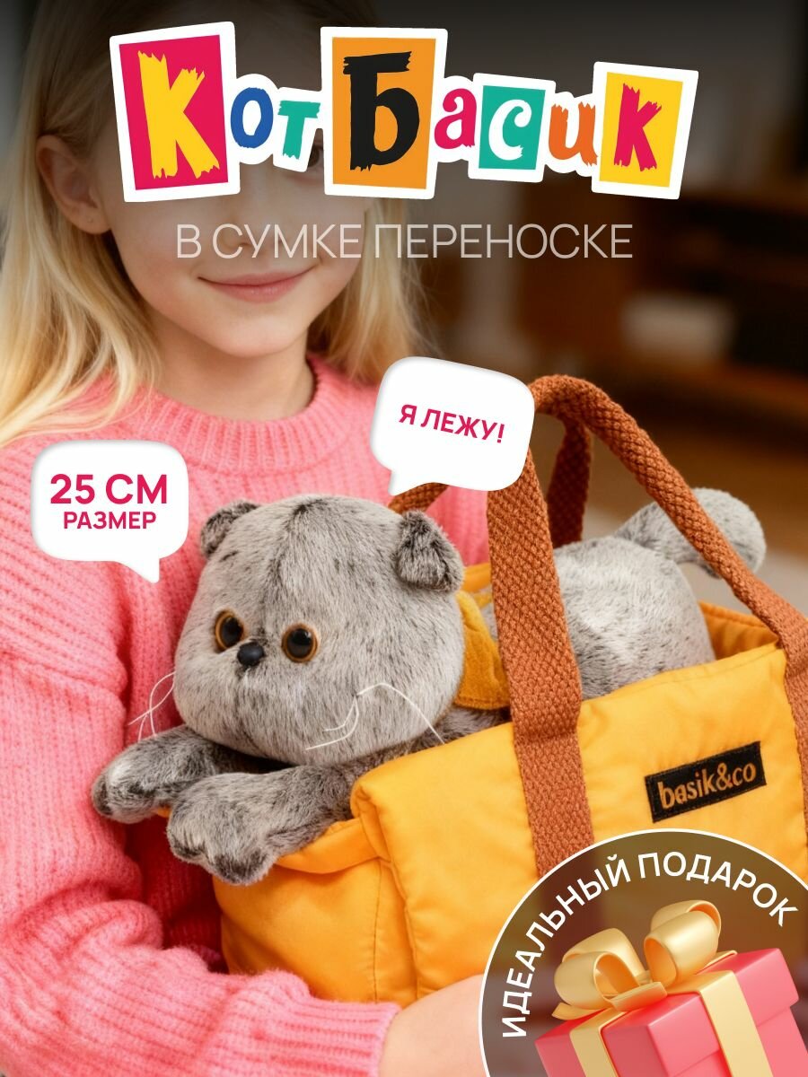 Мягкая игрушка Кот Басик в переноске, подарок для детей, 25 см