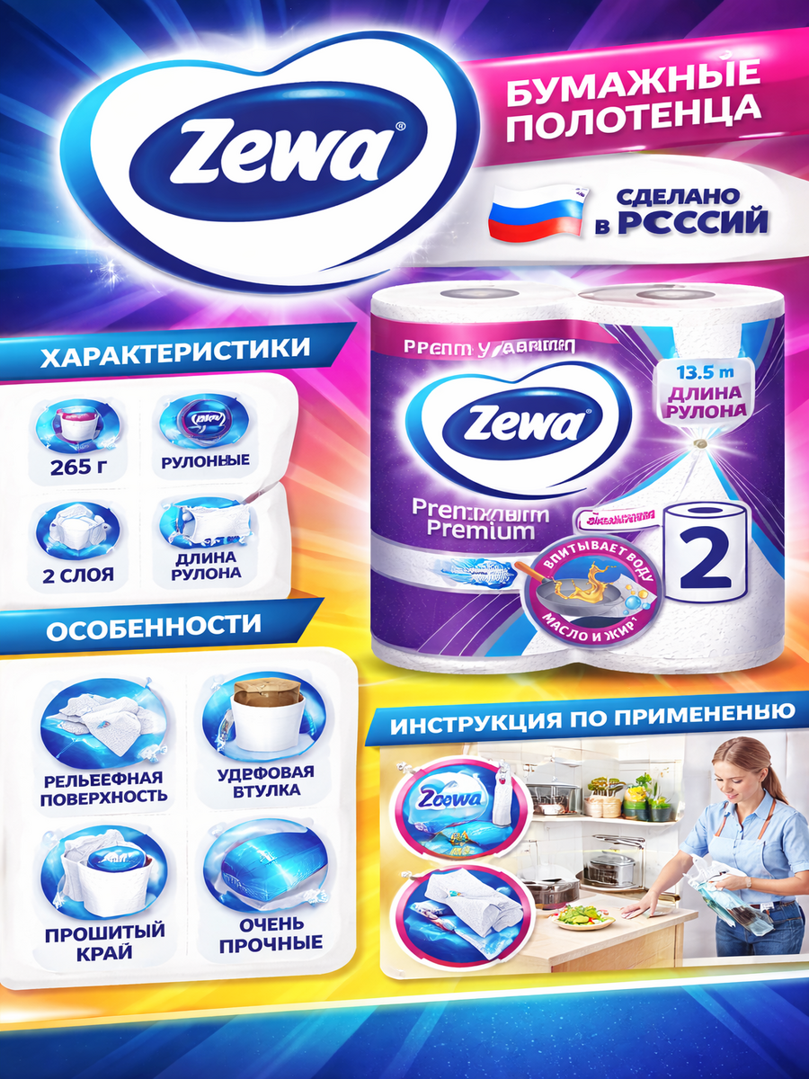 Бумажные полотенца Zewa Premium, 2 рулона