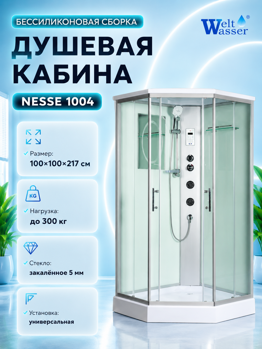 Душевая кабина WeltWasser NESSE 1004 с крышей, размер: 100х100х217 см, низкий поддон 16 см
