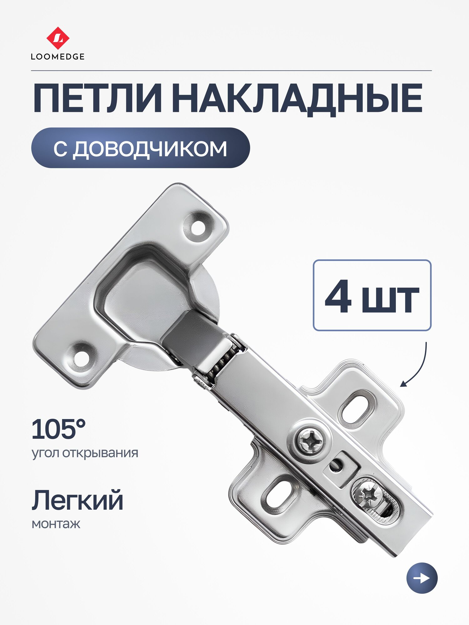 Петля накладная с доводчиком угол открывания 105 градусов с ответной планкой clip-on / 4 штуки