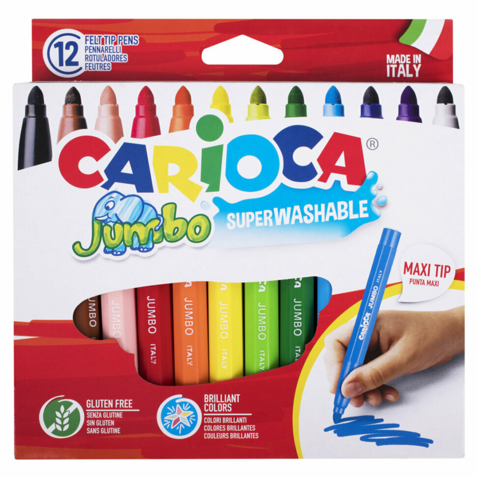 Фломастеры утолщенные CARIOCA "Jumbo", 12 цветов, суперсмываемые, вентилируемый колпачок, картонная упаковка, 40569, 150159