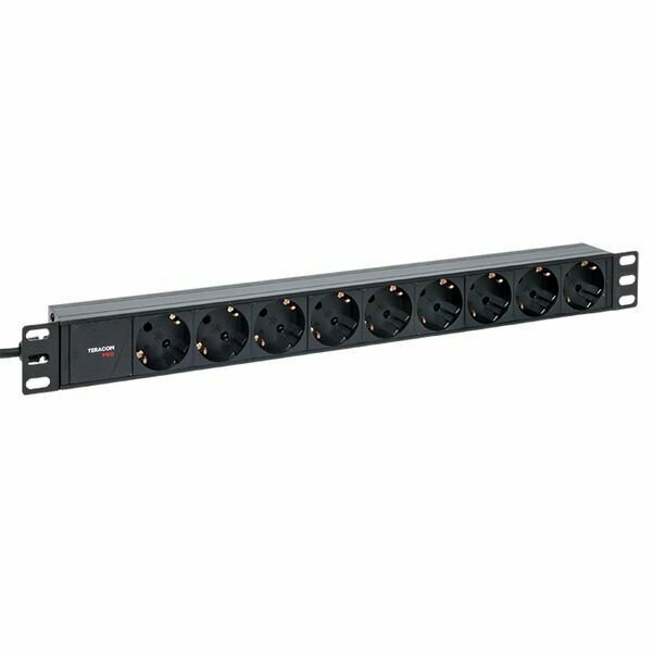 Блок PDU TERACOM PRO 19дюйм 1U 10А/250В 9 роз. Schuko шнур 2м 3х1.5кв. мм вилка C14 корпус алюм. черн. EKF TRP-HPD-10A-9SH-2MC14