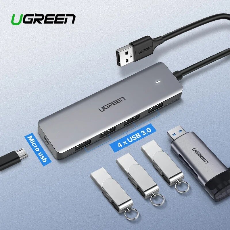 Хаб (разветвитель) UGREEN CM219, черный (50985), USB 3.0, USBх4, Питание через USB, длина 15см — фото 1