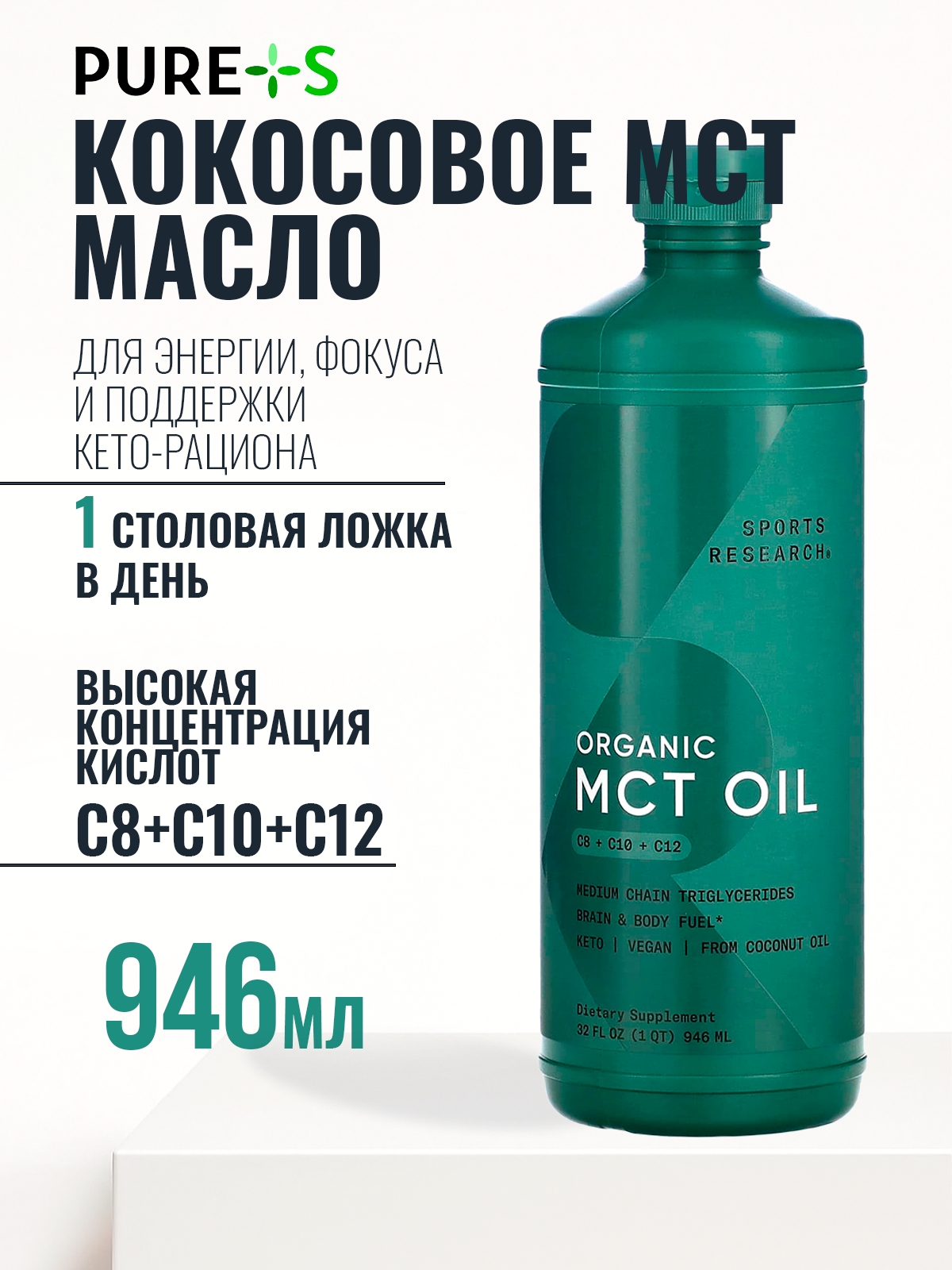 Масло с жирными кислотами МСТ(MCT C8, C10, C12) от Sports Research, 946 мл
