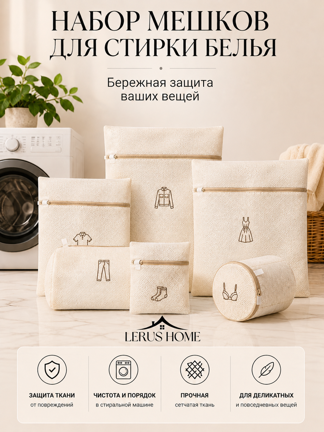 Мешки для стирки платьев, толстовок, курток, трикотажа, деликатных тканей, бежевый