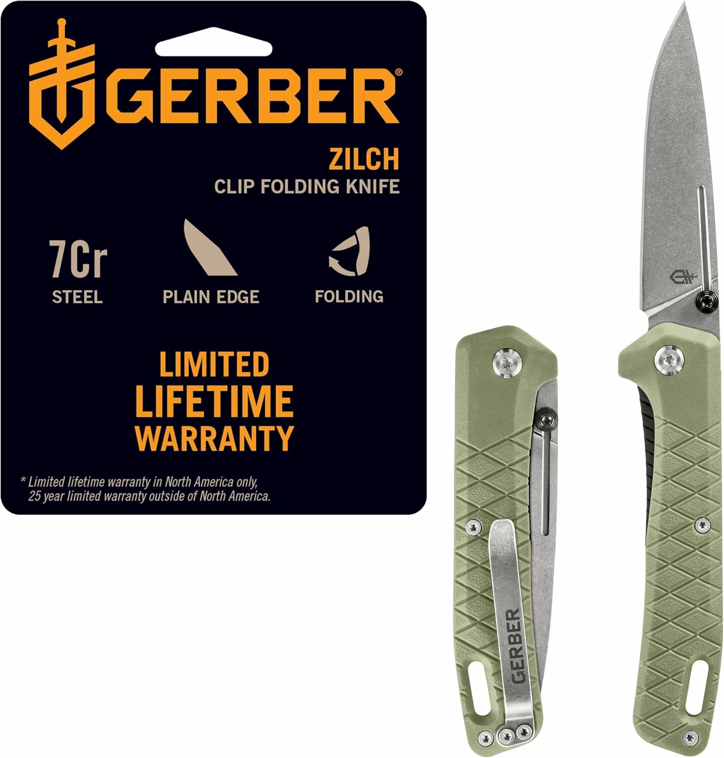 Нож Gerber с зажимом для ремня, Zilch, длина лезвия: 8 см, нейлон, армированный стекловолокном / сталь 7Cr17MoV, зеленый, 1067530