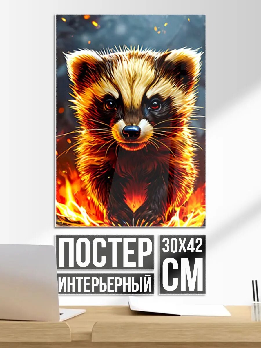 Постер на стену Енот в огне