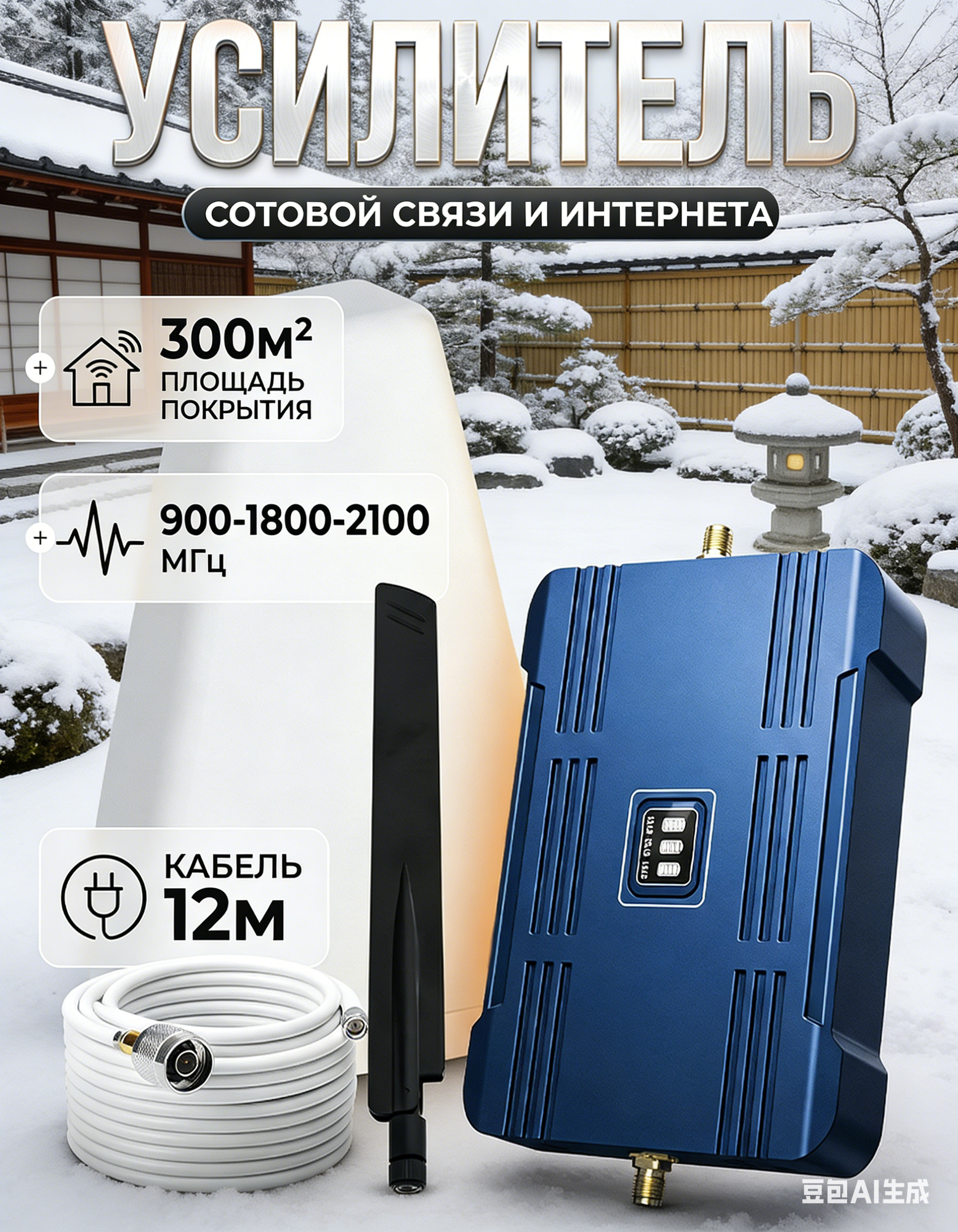 Усилитель сотовой связи 900/1800/2100 МГц (2G/3G/4G): до 70 км, направленный, синий, 1.3 кг