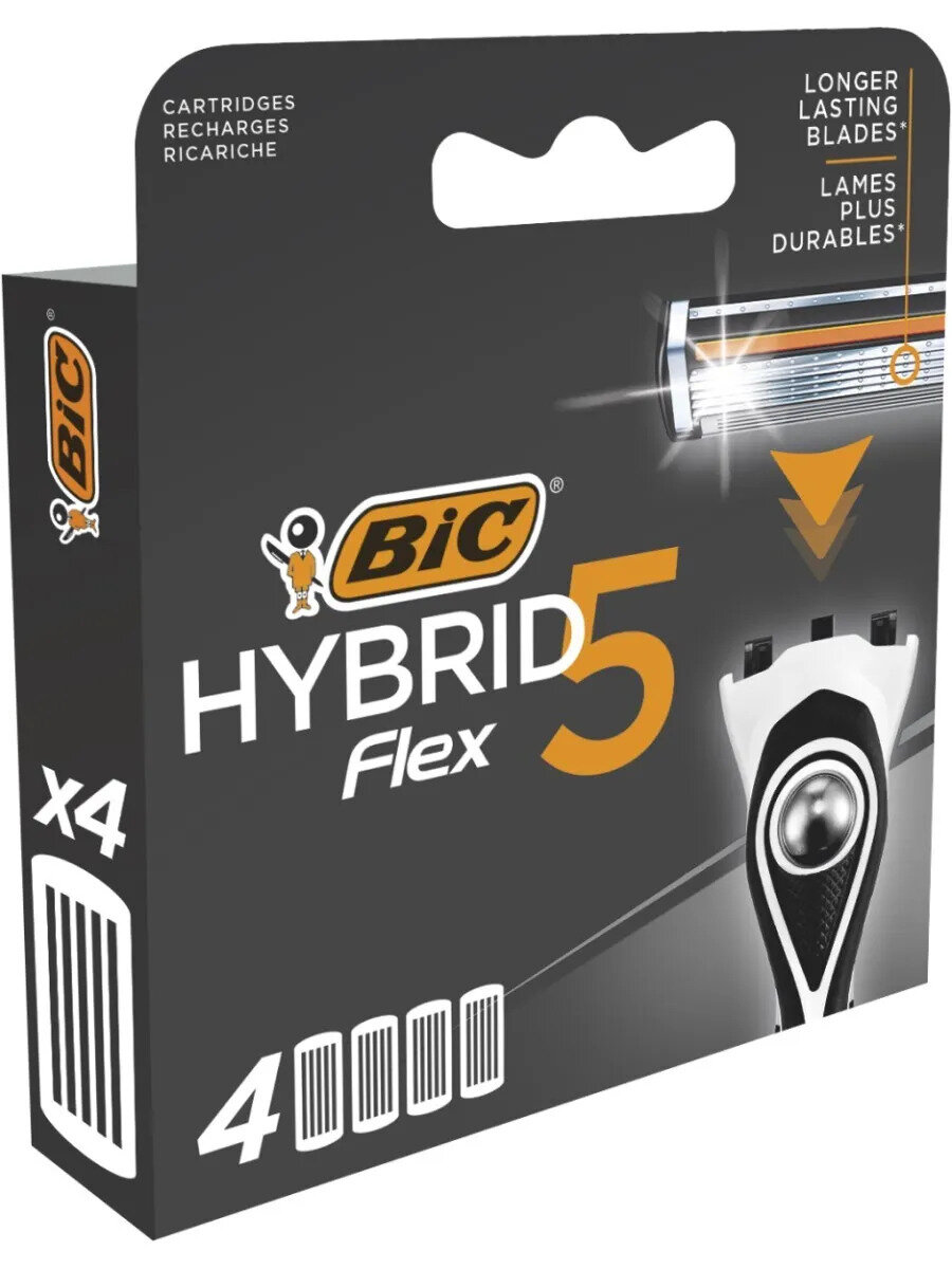 Сменные кассеты FLEX 5 HYBRID (4 шт.), 5 лезвий + лезвие-триммер, увл. полоска