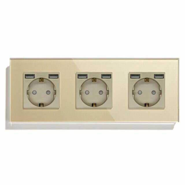 Розетка электрическая 3 поста, с Usb АА, рамка 228х86мм стекло, цвет золотой
