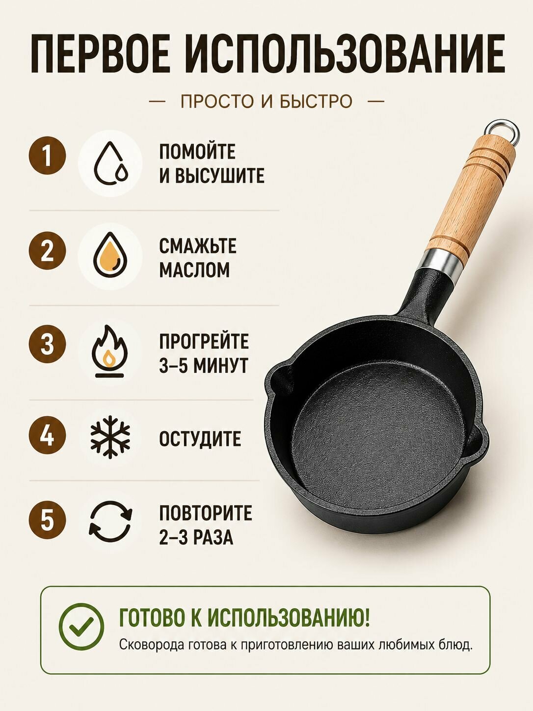 Мини чугунная сковородка для яичницы, соусов и подогрева молока, с деревянной ручкой и носиком