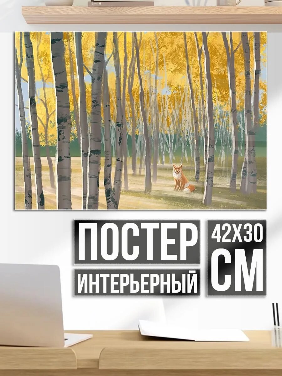 Плакат постер Березовая роща осенью
