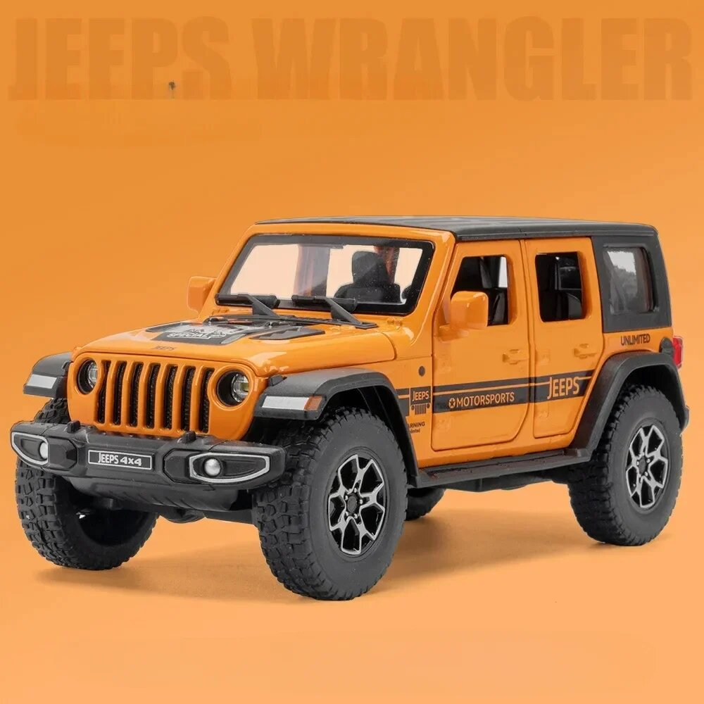 Металлический автомобиль Jeep Wrangler Rubicon 1:32 MINI AUTO со звуком и светом orange no box