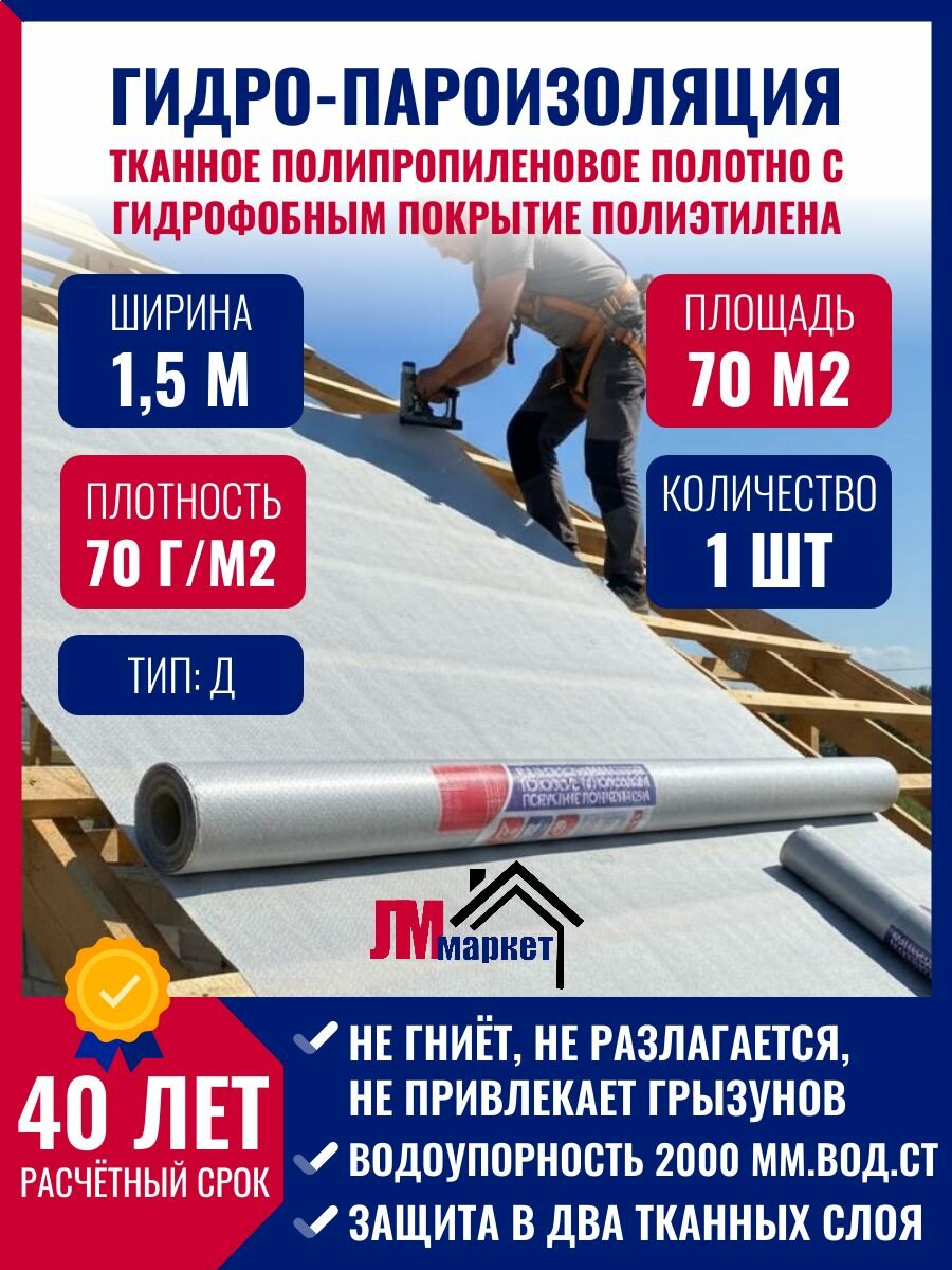 Гидро-пароизоляционная двухслойная пленка ЛМ Маркет Д (1,5) 70 м2, 1 рулон