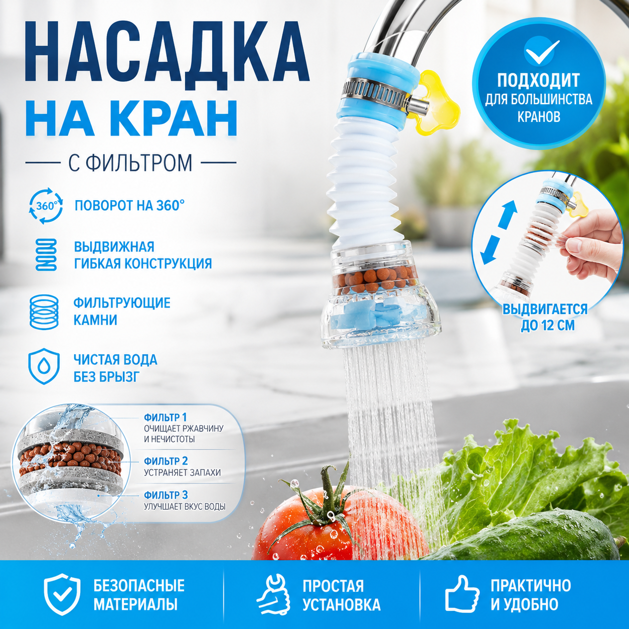 Смеситель, складная конструкция, с фильтрующим камнем, синий, 1 шт