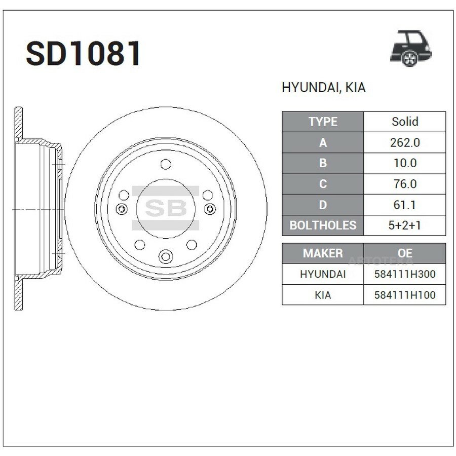Диск тормозной задний HYUNDAI I30 (2007-2012)/ IX 35 (2010-2015) KIA CEED (2007-2012)/ SPORTAGE II-III (2004-2015) SANGSIN BRAKE SD1081